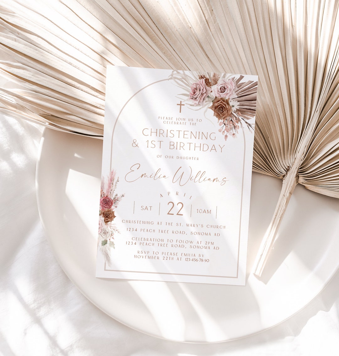 Boho Christening 1st Birthday Invitation Template, Bohemian Baptism and ...
