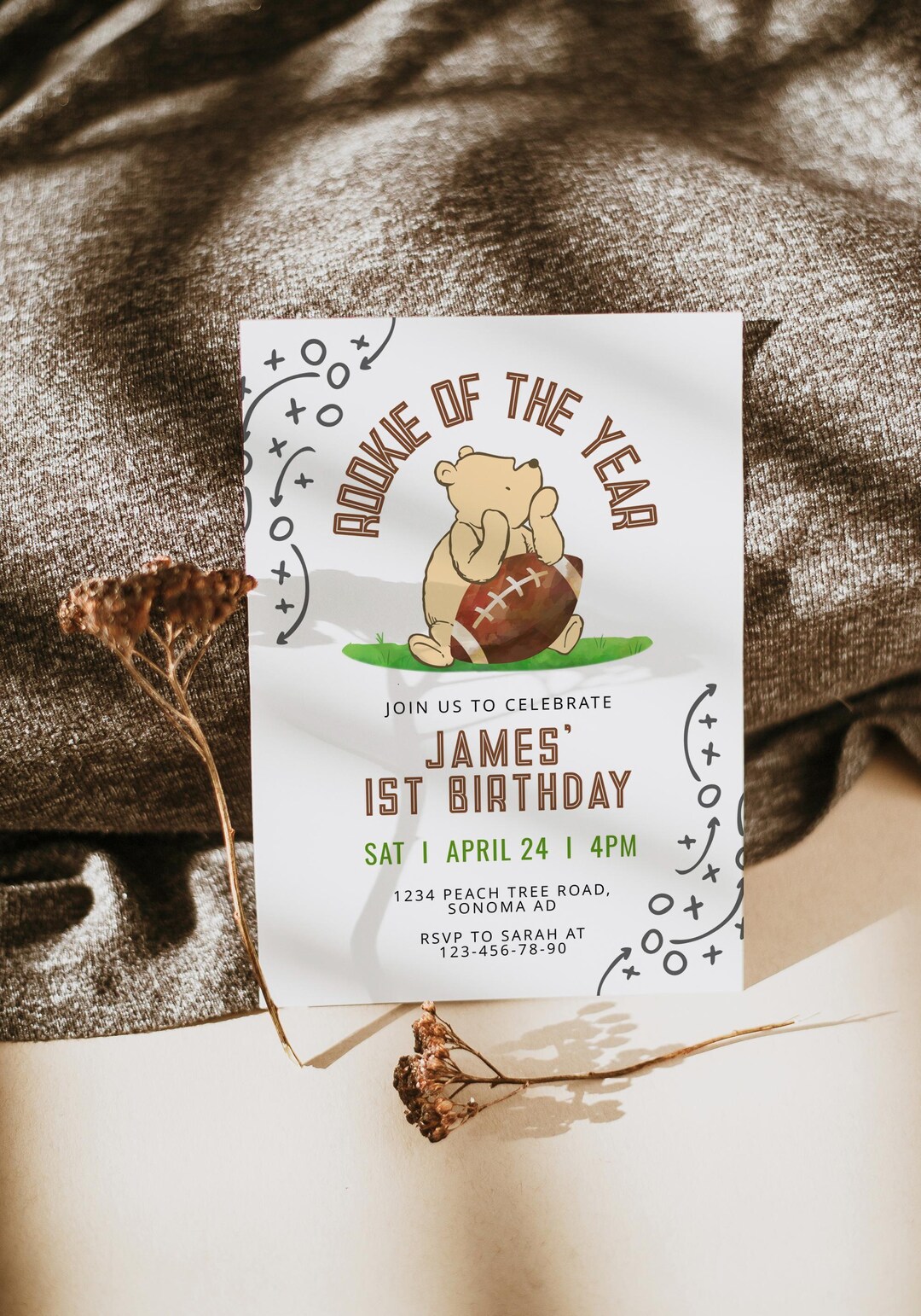 Winnie the Pooh Football 1st Birthday Invitation Printable Rookie of ...