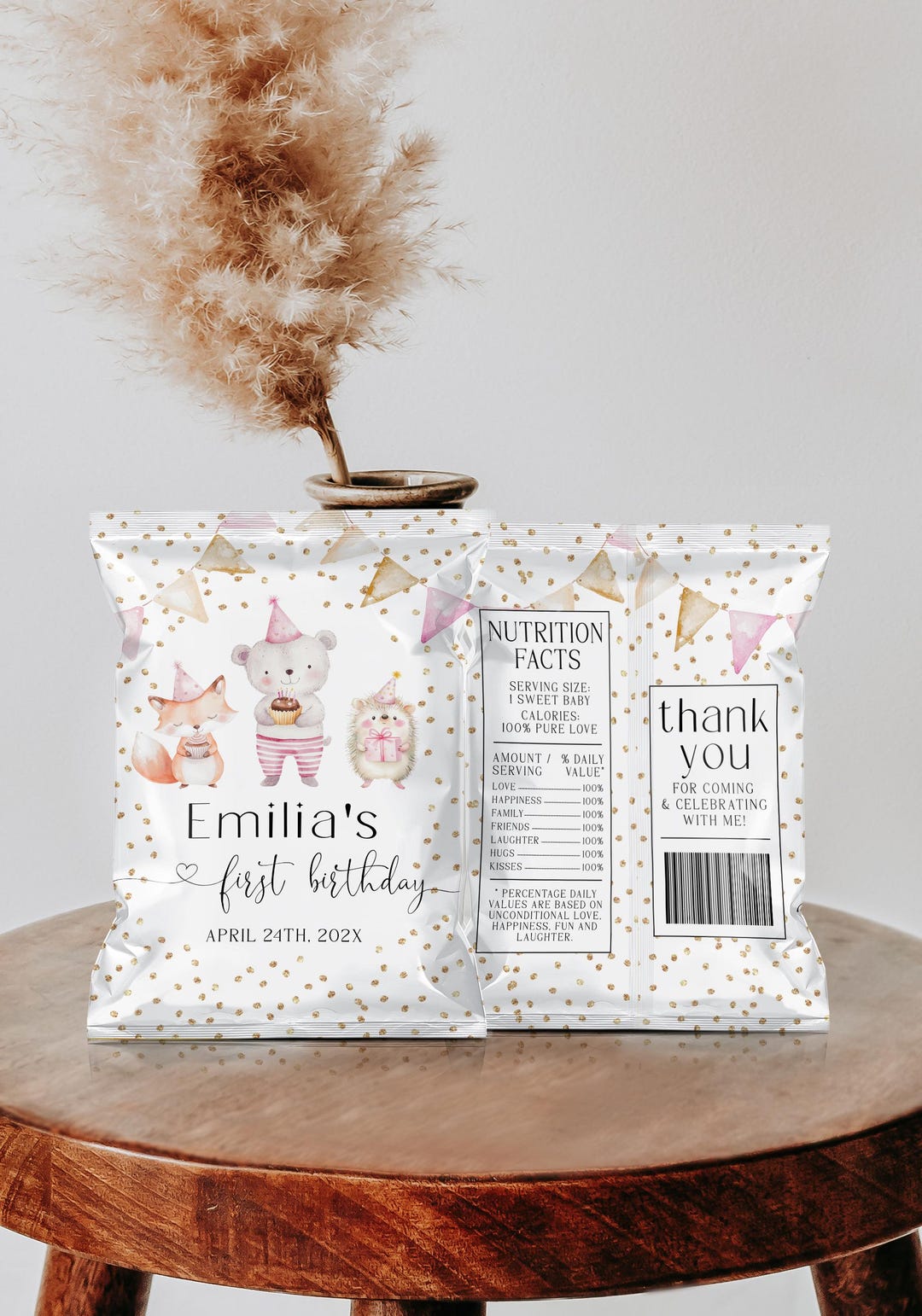 Woodland Birthday Chip Bag Label Template, Cute Pink Animals Birthday ...
