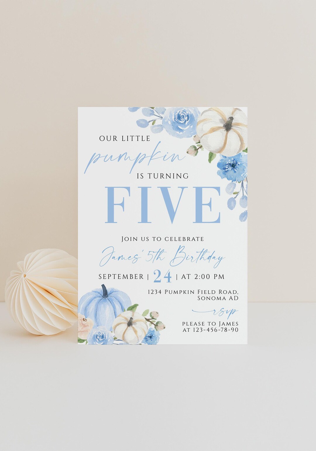 Our Little Pumpkin is Turning Five Birthday Invite Printable, Boy ...
