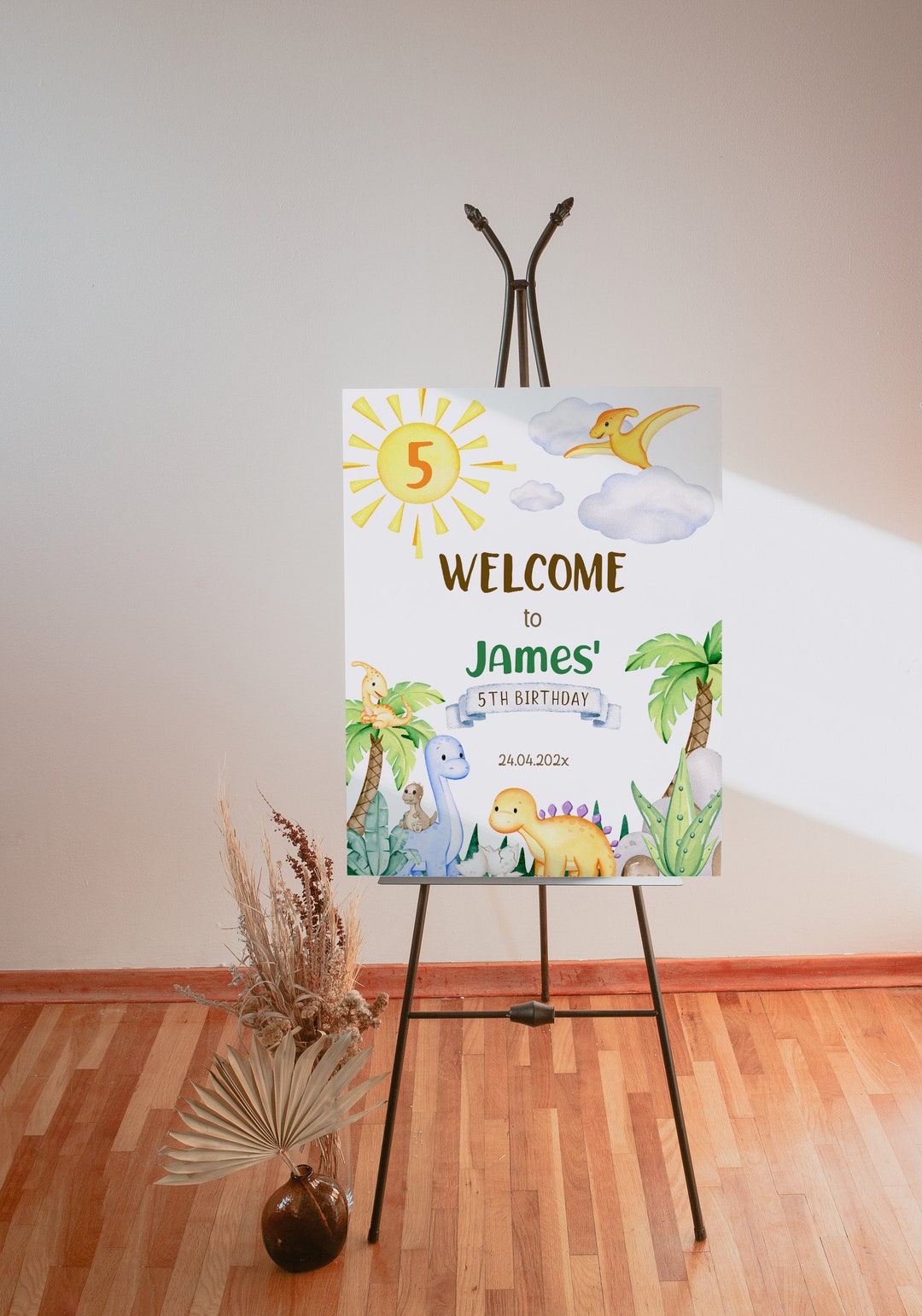 Safari Dinosaur Birthday Welcome Poster Template, Boy Blue Dinosaur ...