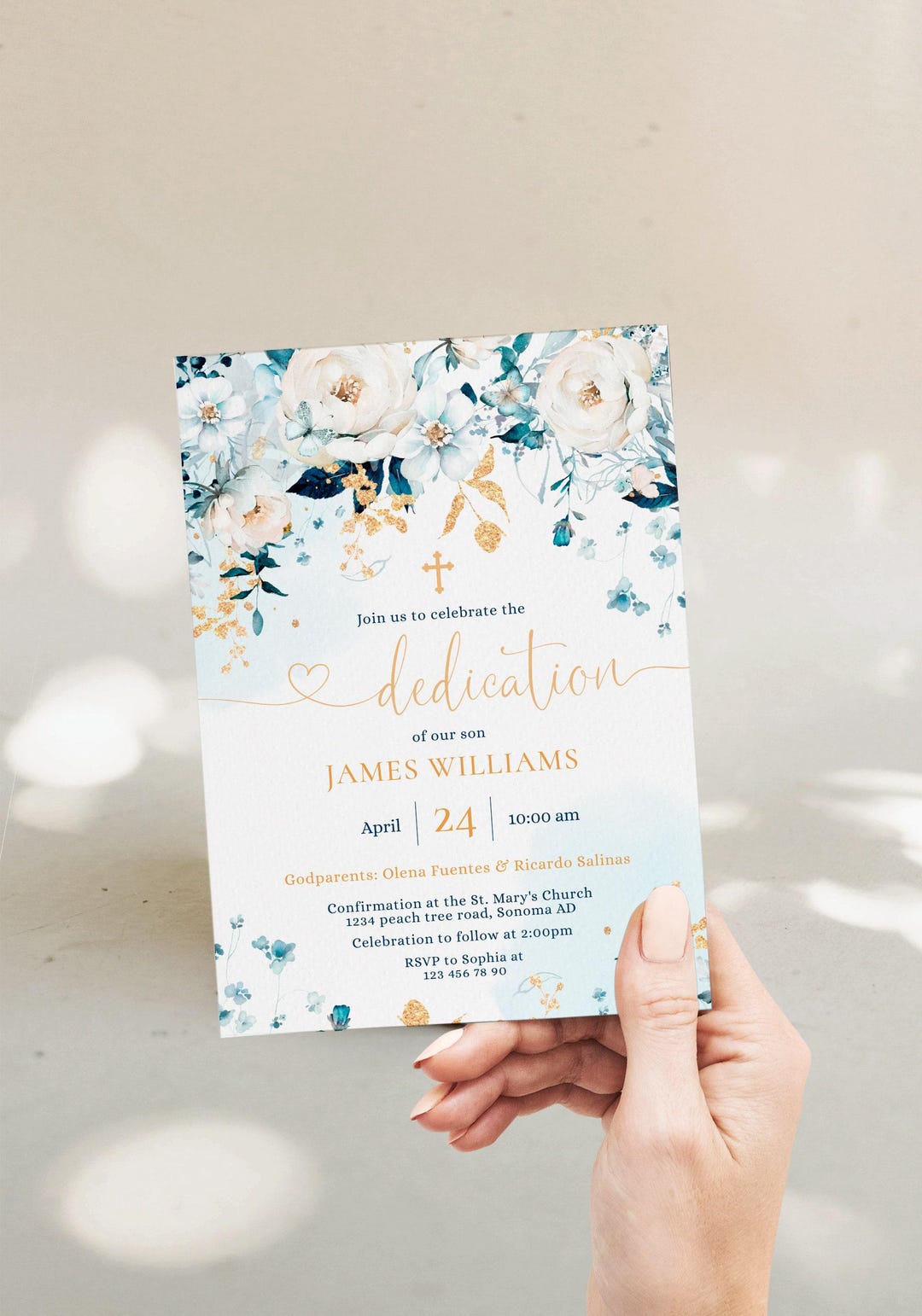 Blue Flowers Dedication Invitation Printable, Blush Blue Boy Dedication ...
