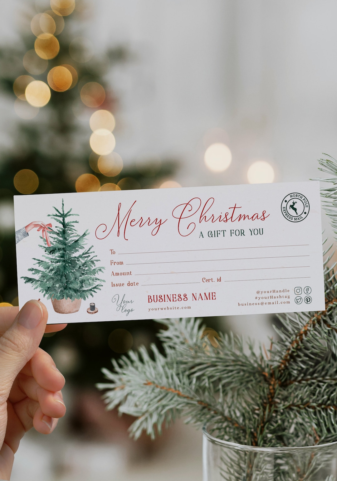 Christmas Tree Voucher Printable, Green Tree Gift Card Decoration ...