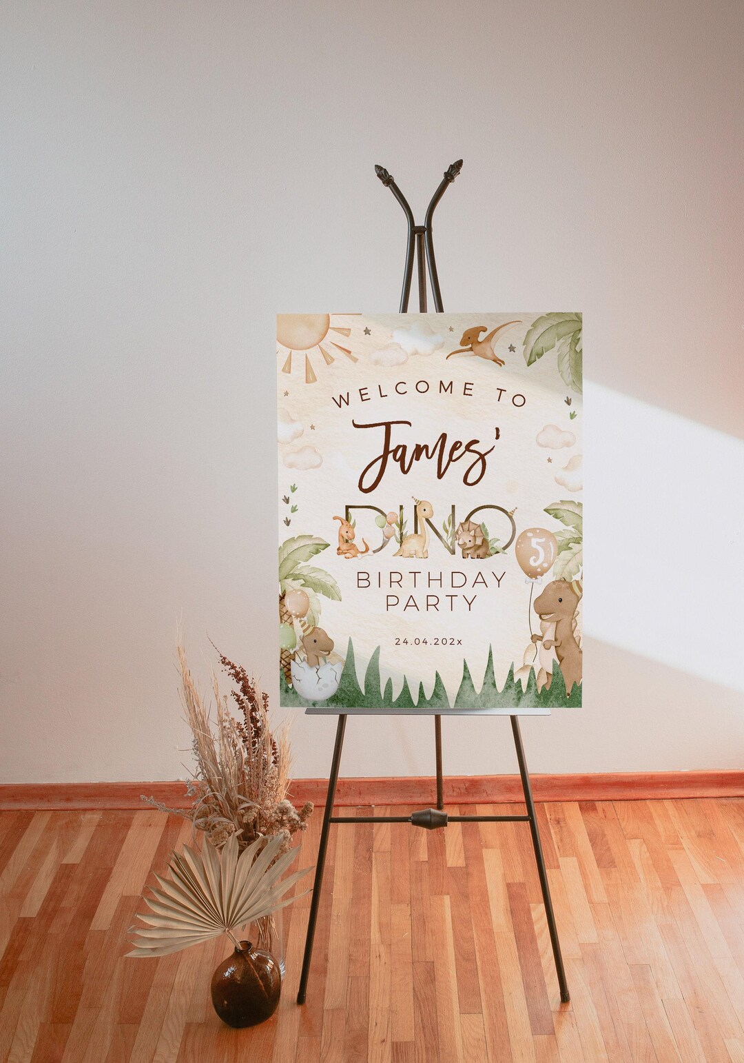 Modern Dinosaur Birthday Party Welcome Sign Printable, Beige Dino ...