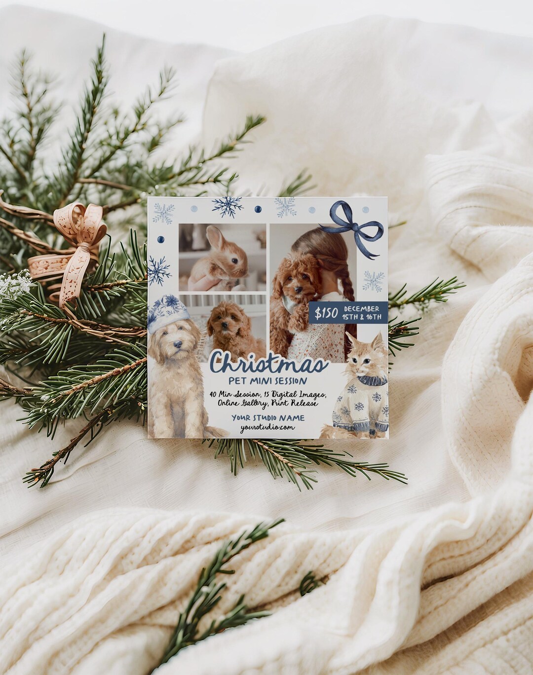 Christmas Mini Session Card Template Printable: Blue Snowflakes Pet ...