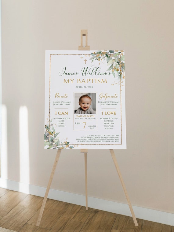 Baptism milestone sign template green gold, baptism milestone board ...