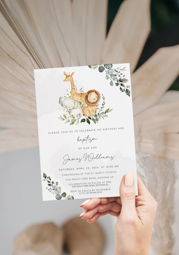 Safari animals baptism and birthday invitation template, jungle animal ...