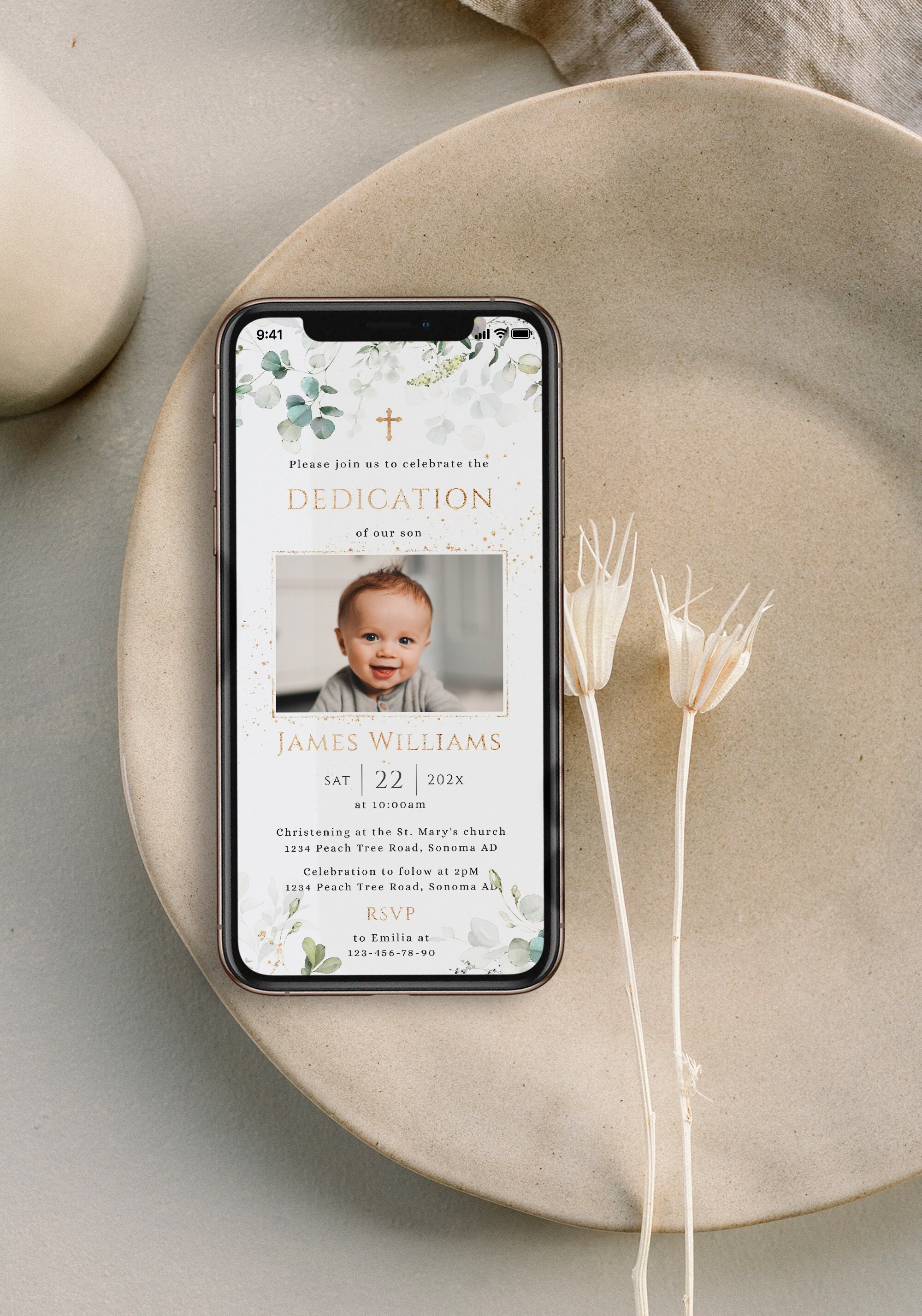 Electronic Greenery Baby Dedication Invitation Green Gold - Etsy