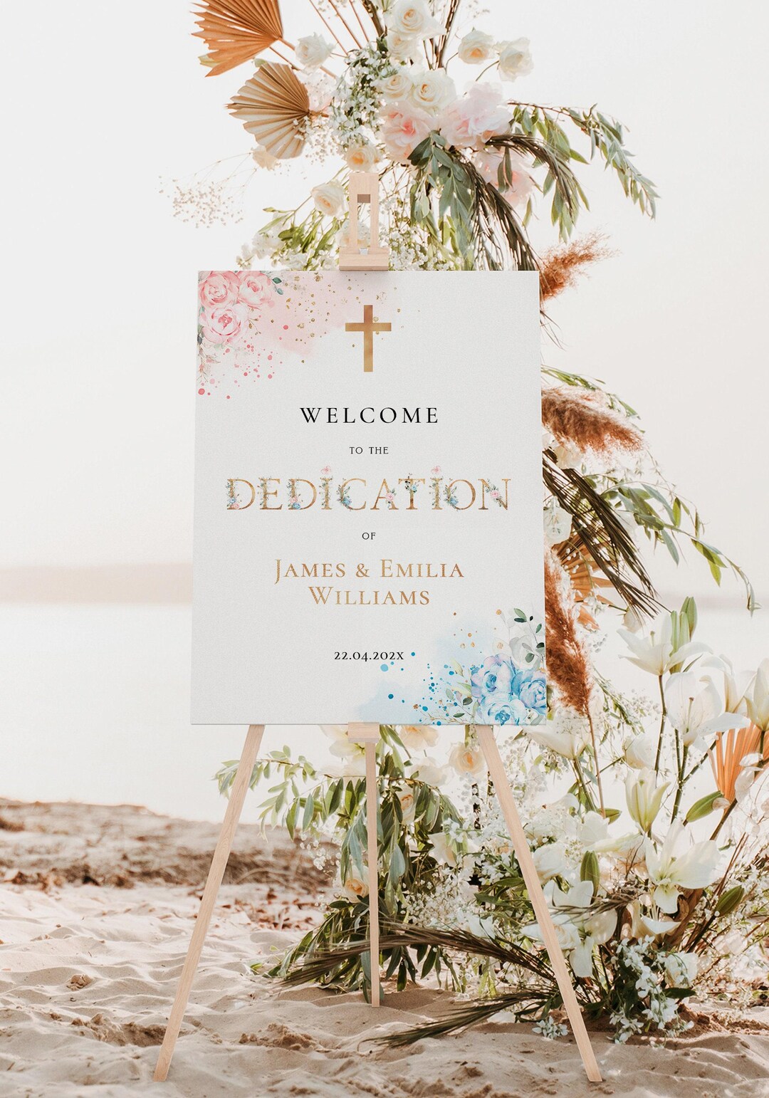 Pink and Blue Floral Dedication Welcome Poster Printable, Twins Boy ...