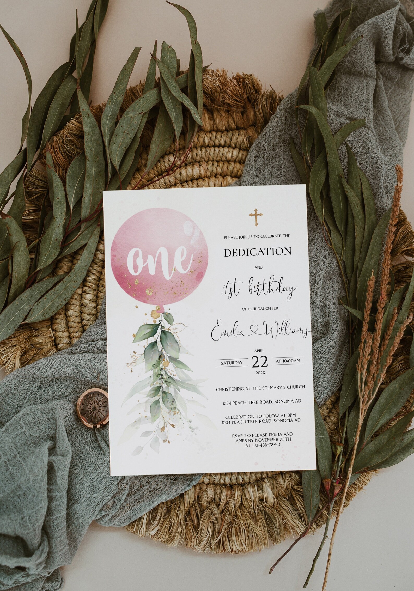 Dedication and 1st Birthday Invitation Template, Baptism First Birthday ...