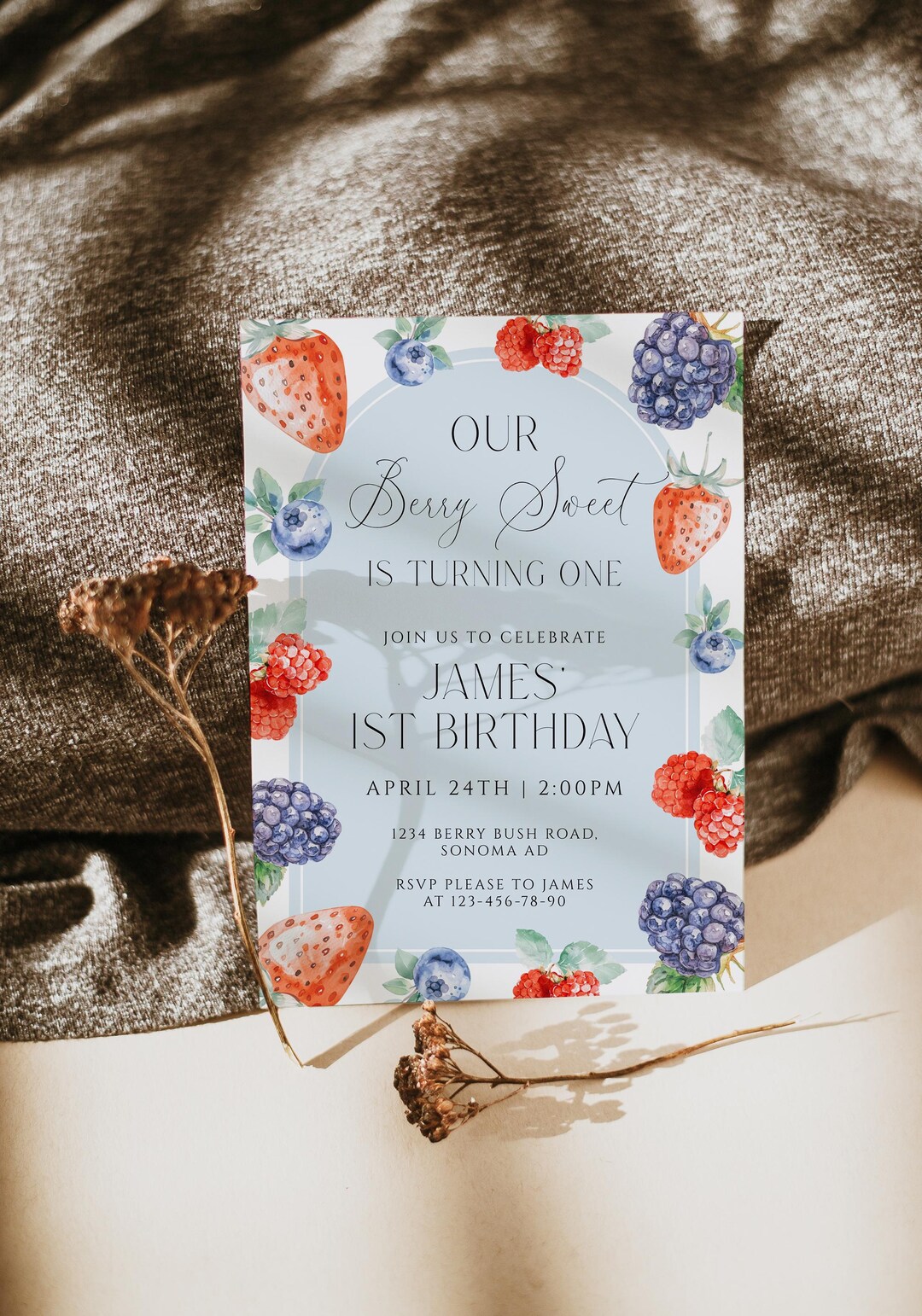 Our Berry Sweet Birthday Party Invitation Printable, Blue Arch ...