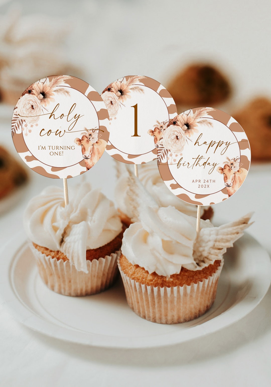Holy Cow 1st Birthday Cupcake Sticker, Boho Cow is Turning One Girl ...