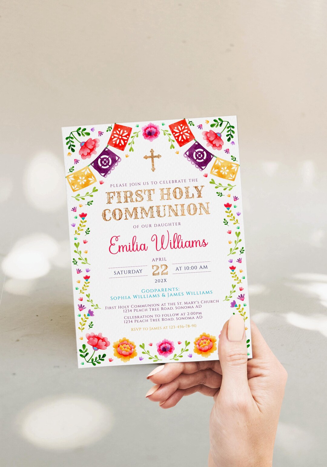 Flowers First Holy Communion Invitation Printable, Girl Mexican Theme ...