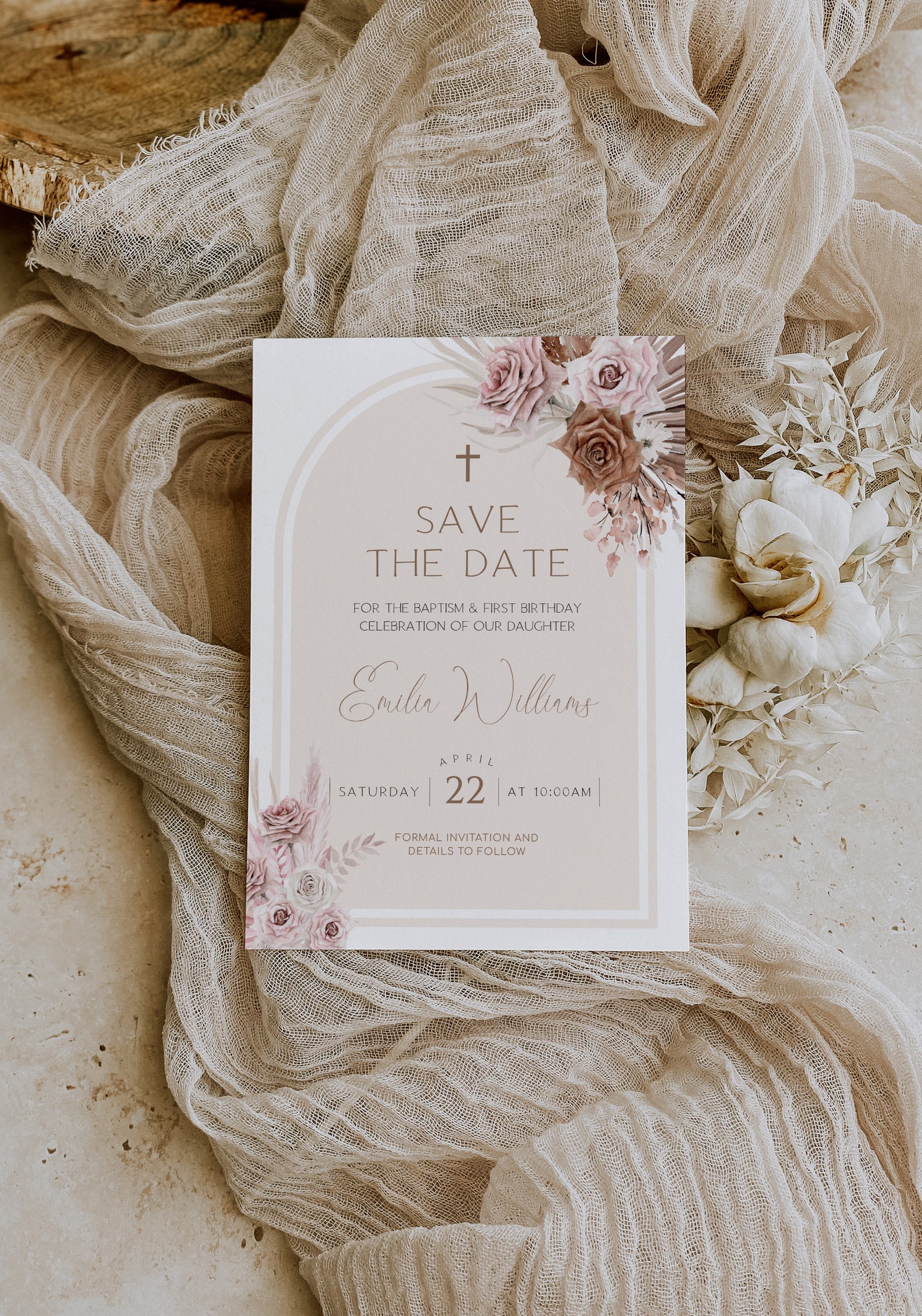 Save the Date Bohemian Baptism and First Birthday Girl, Boho ...