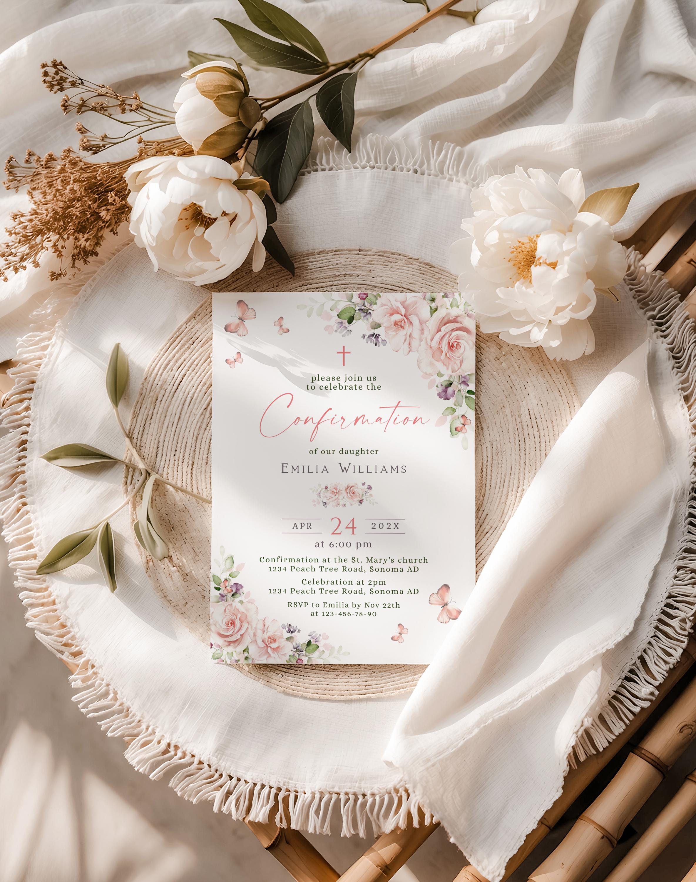 Greenery Pink Floral Confirmation Invitation, Elegant Flowers ...