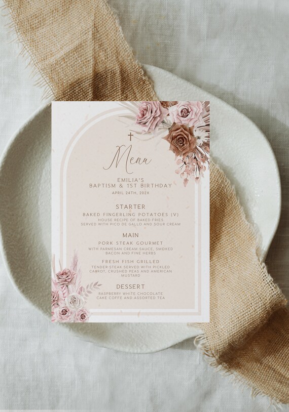Bohemian baptism and first birthday menu printable, boho christening ...