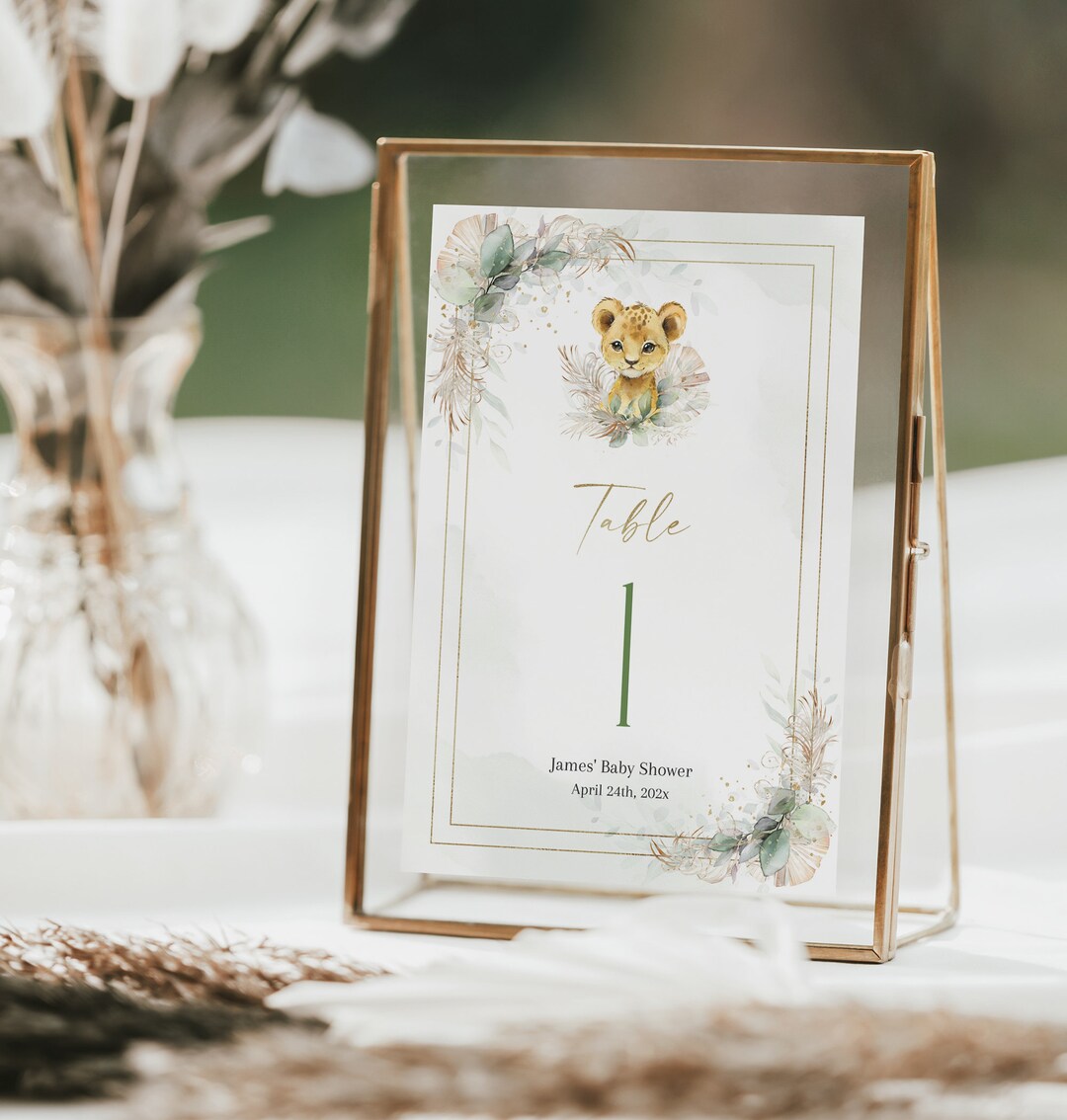 Lion Table Number Printable, Greenery Lion Birthday Table Number Sign ...