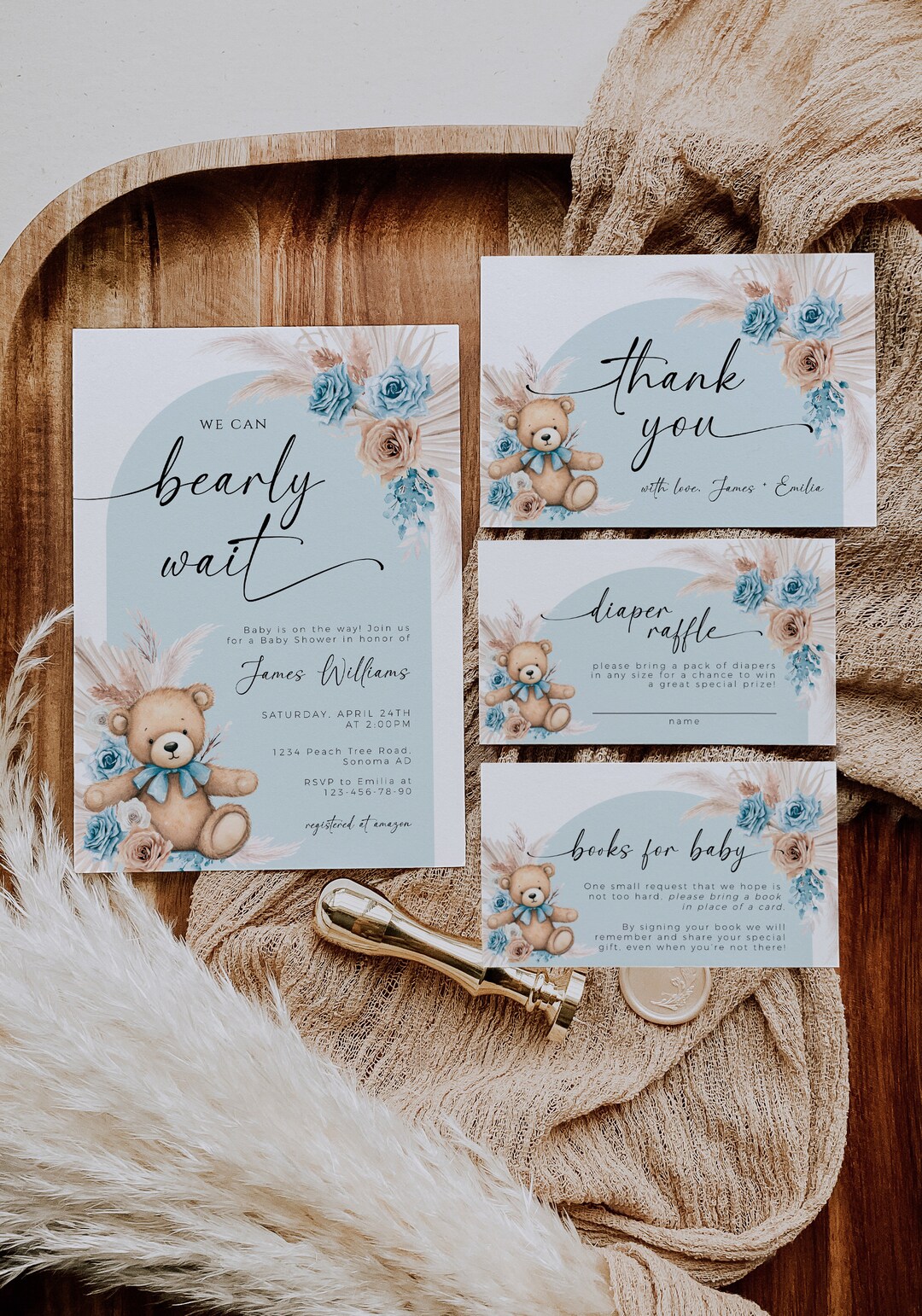 Editable We Can Bearly Wait Boy Baby Shower Invitation Package, Boho ...