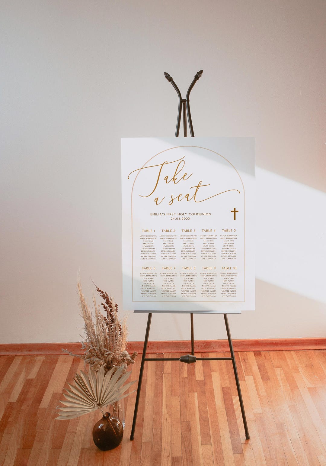 Bohemia Arch Gold Baptism Seating Chart Printable, Modern First Holy ...