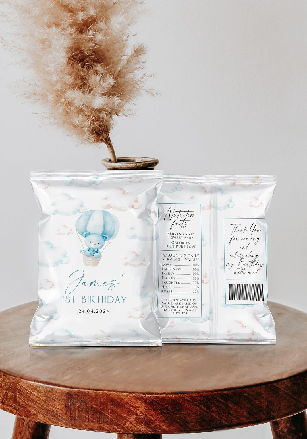 Blue Bear 1st Birthday Chip Bag Wrapper Printable: Hot Air Balloon Bday ...