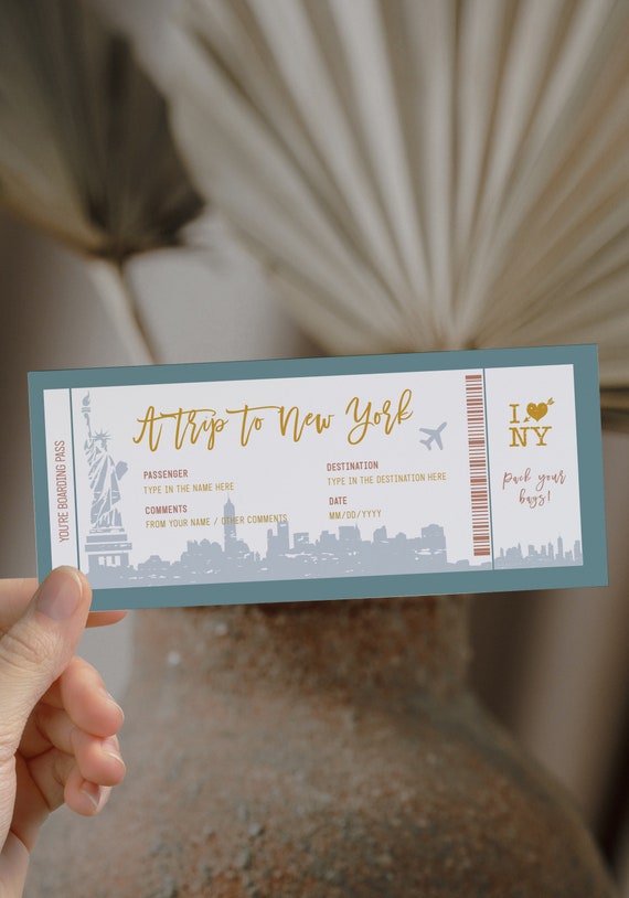 New York birthday gift boarding pass, printable airline ticket template ...