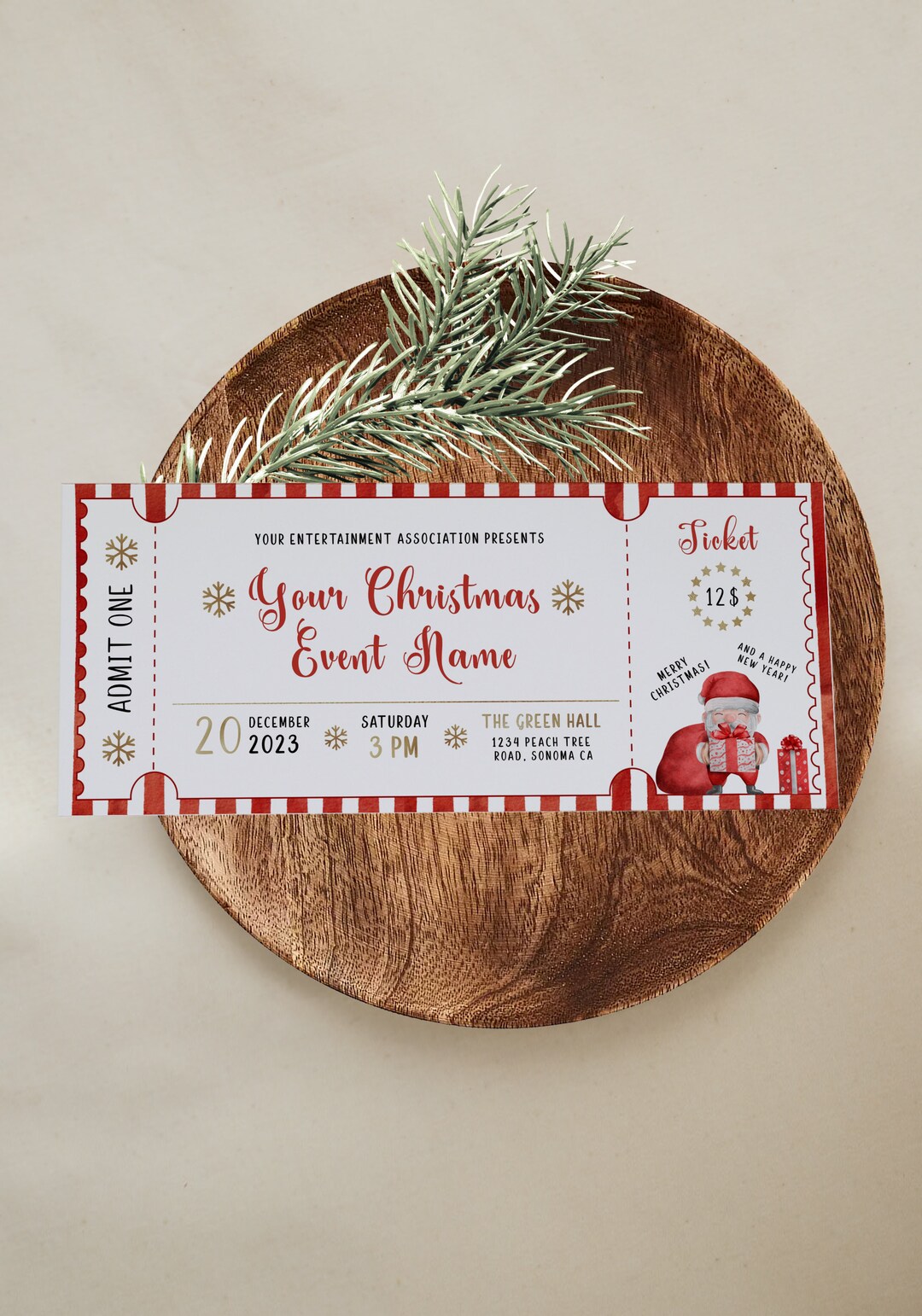Event Ticket Template, Christmas Gift Surprise Concert Ticket, Holiday ...