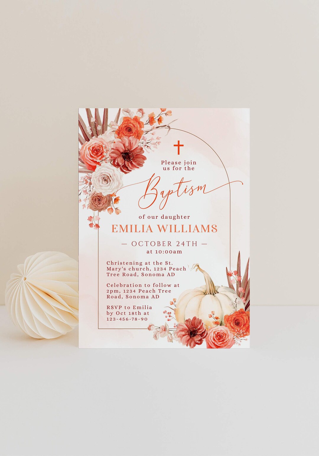 Fall Boho Arch Baptism Invitation Printable, Orange Floral Autumn ...