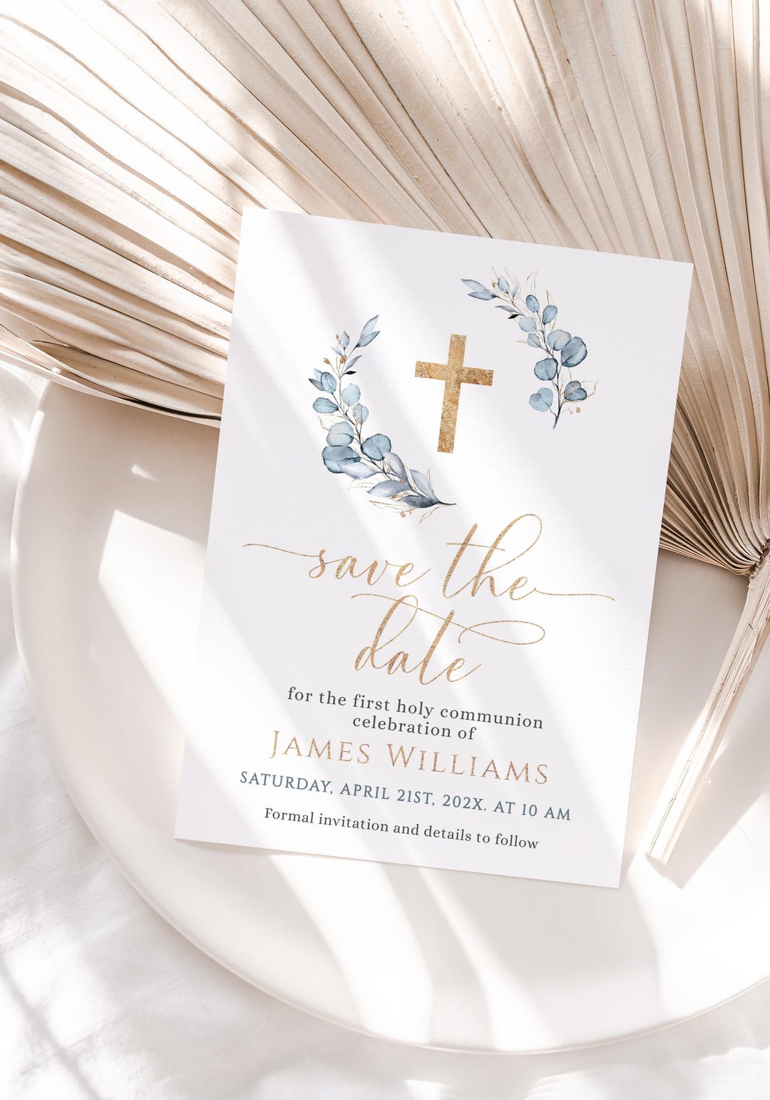 Modern First Holy Communion Save the Date Printable, Blue Eucalyptus ...