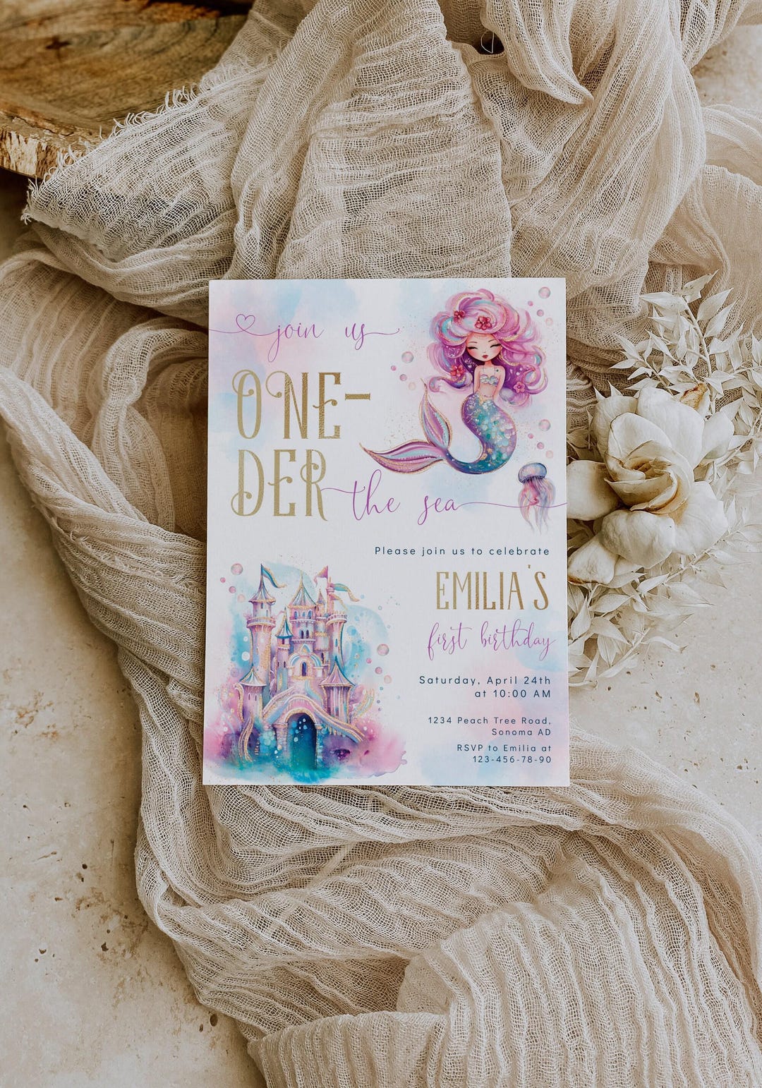 Oneder the Sea Girl 1st Birthday Invitation Printable, Purple Mermaid ...