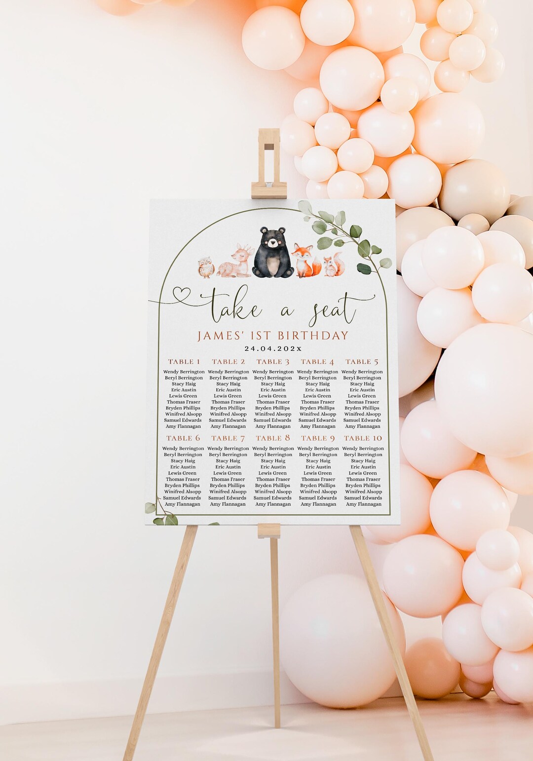 Woodland Animals 1st Bday Seating Chart Template, Eucalyptus Arch ...