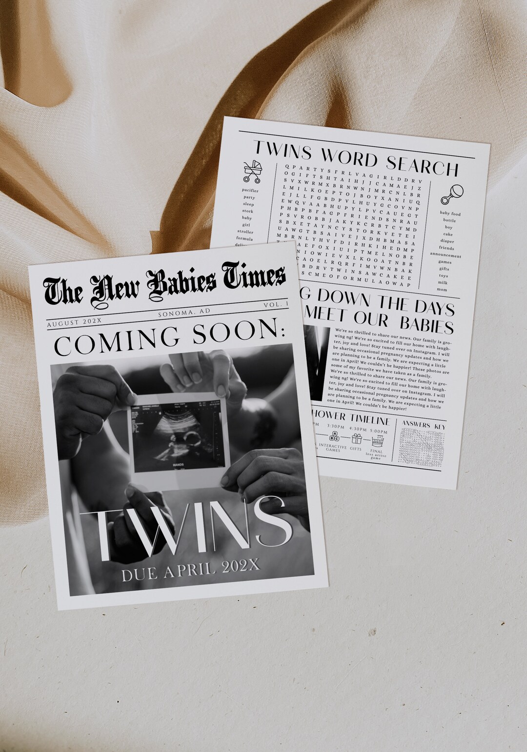 Twins Coming Soon Newspaper Baby Shower Themed Printable, Modern ...