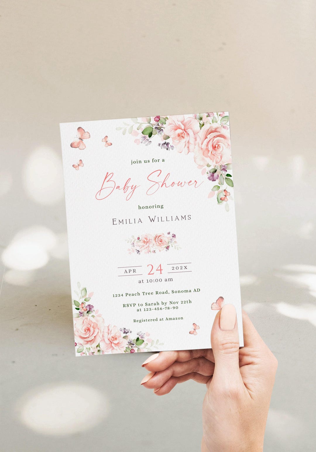 Pink Roses Baby Shower Invitation Printable, Garden Flowers With Pink ...