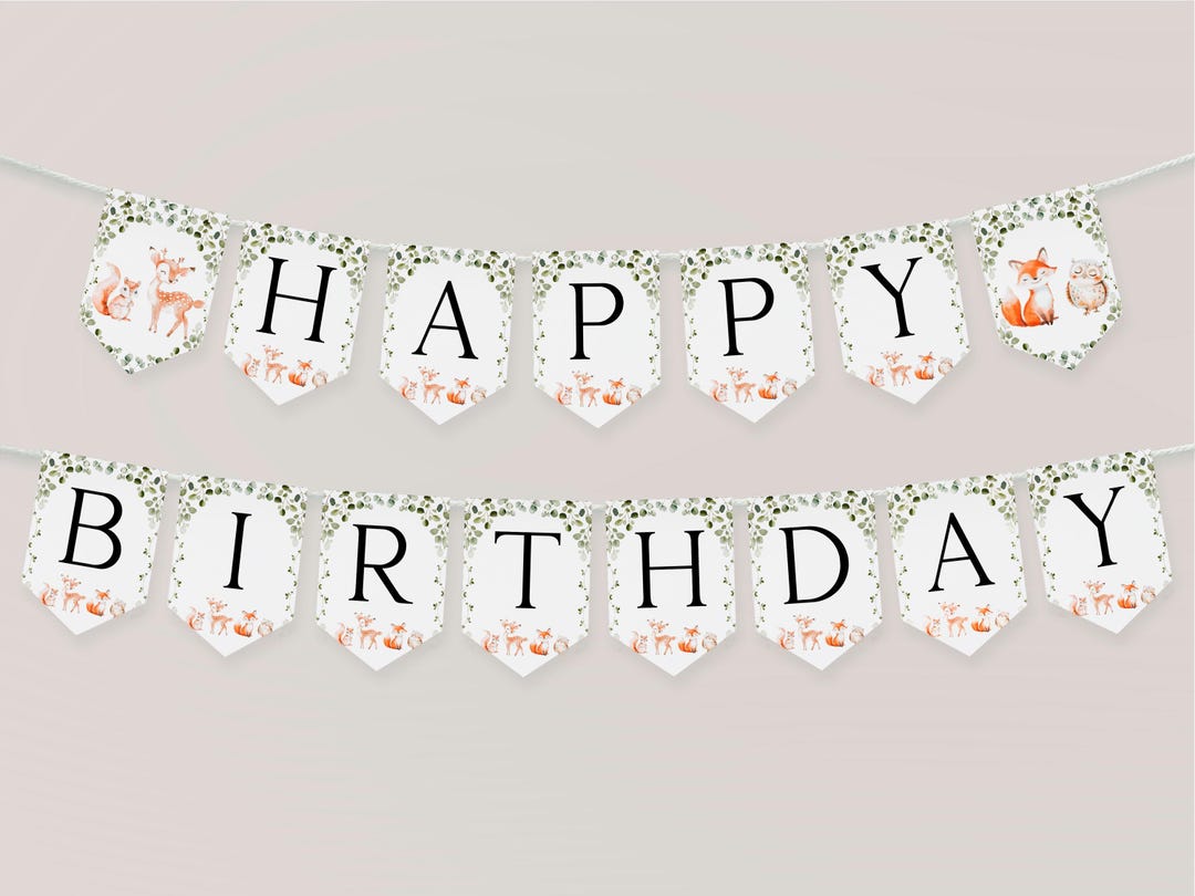 Woodland Happy Birthday Banner Printable, Eucalyptus Leaves Birthday ...