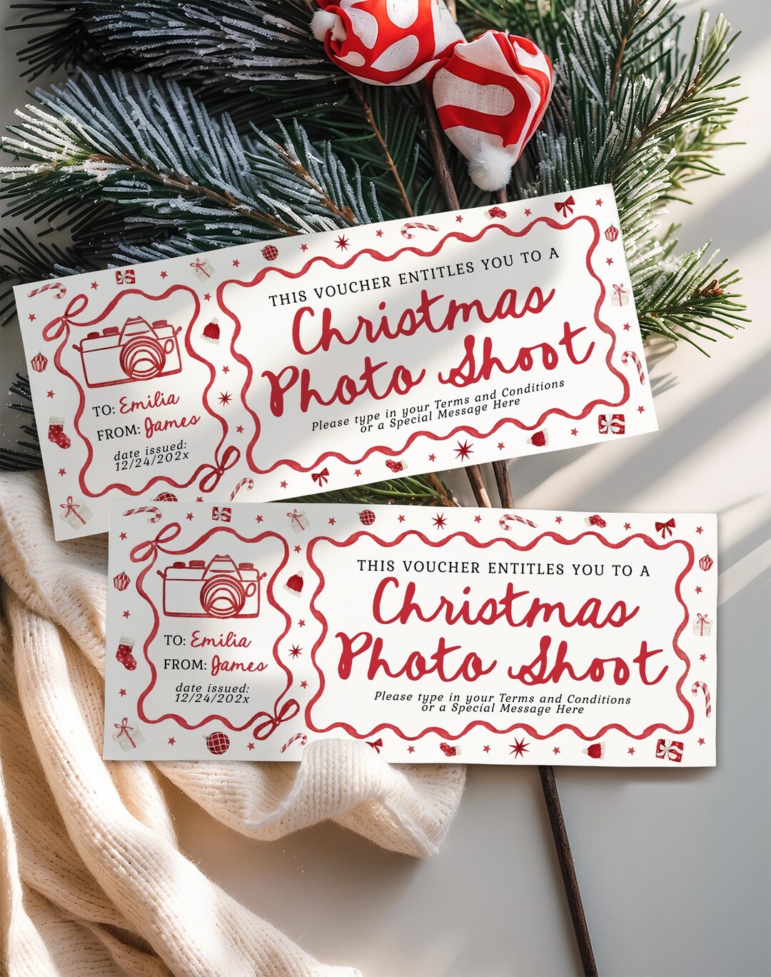 Christmas Photo Shoot Red Bow Gift Ticket Printable Winter Holiday ...