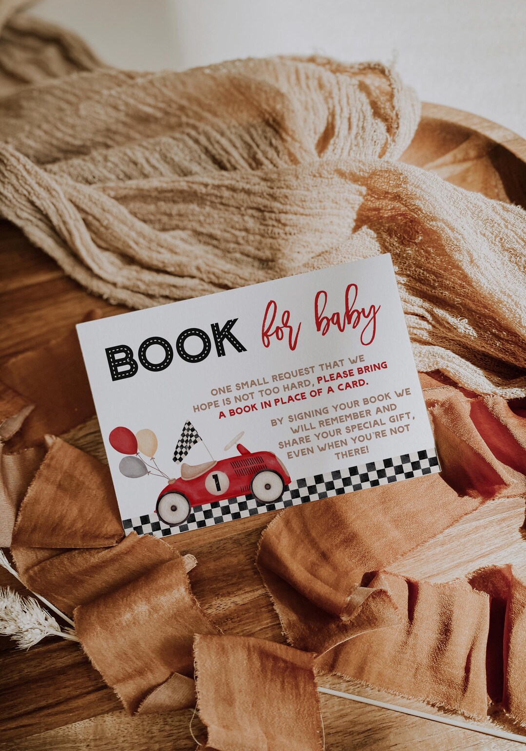 Red Racing Car Baby Shower Book for Baby Card Editable, Retro Race Car ...