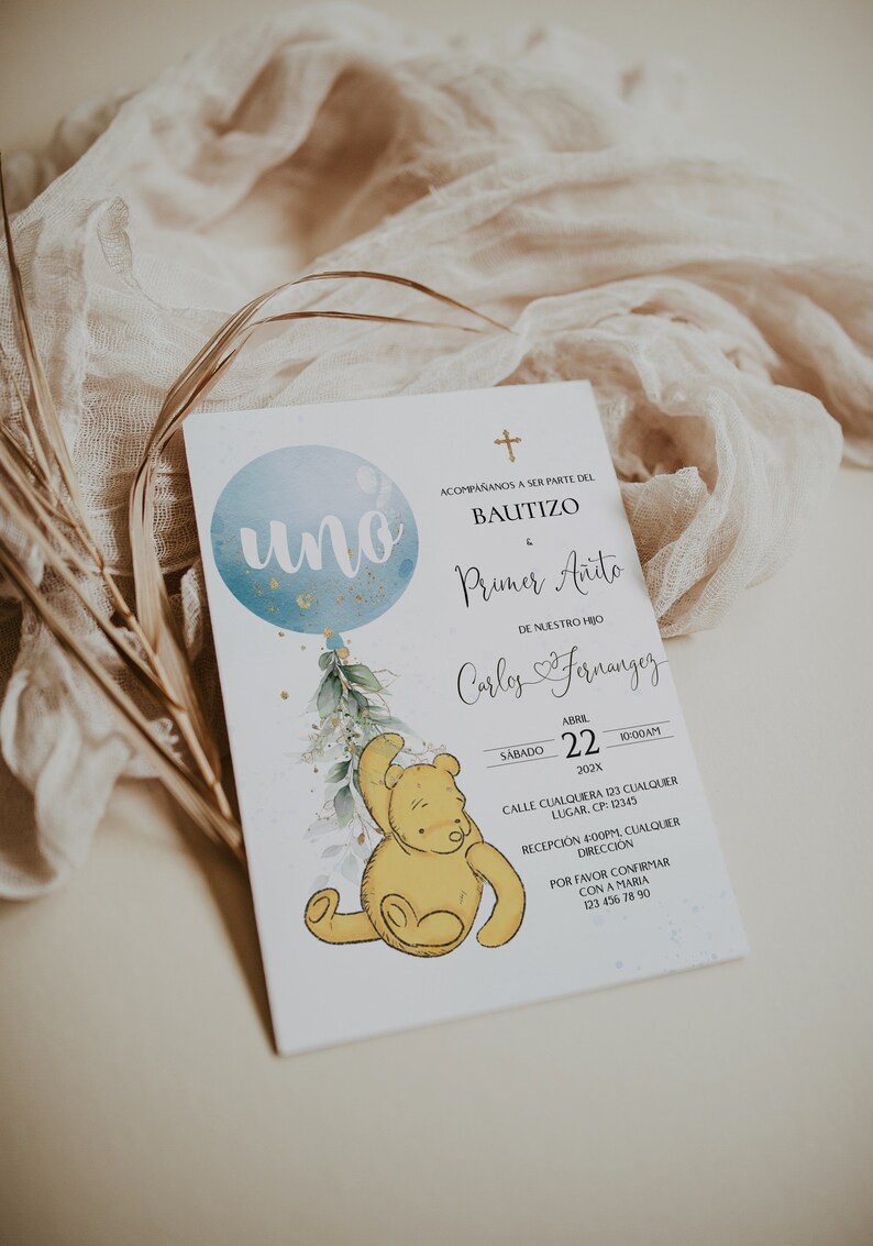 Winnie Pooh Invitacion Bautizo Uno En Espanol, Bautizo Y Primer Añito ...