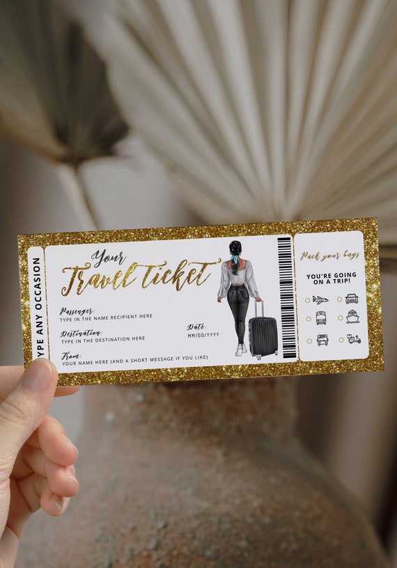 Travel ticket template, printable birthday pass, gold vacation ticket ...