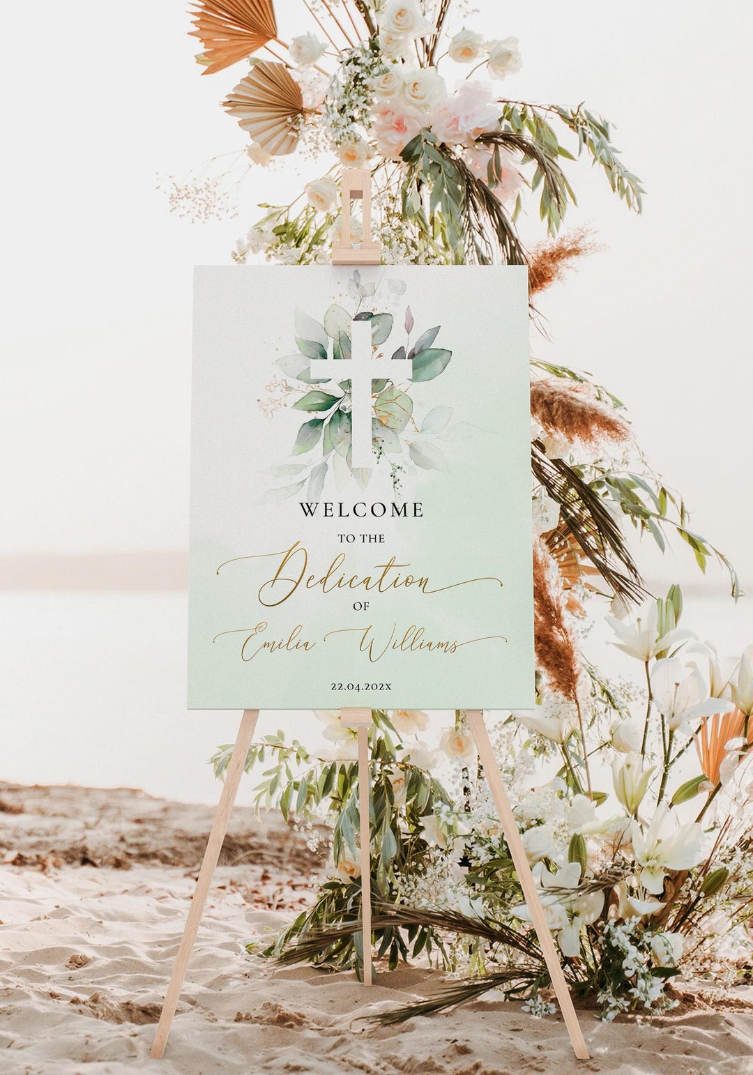 Greenery Dedication Welcome Sign Printable, White Cross Dedication ...