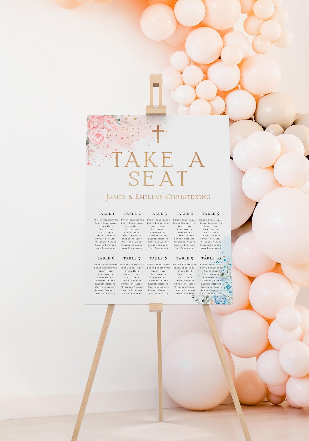 Floral Girl and Boy Baptism Seating Chart Printable, Twins Gold ...