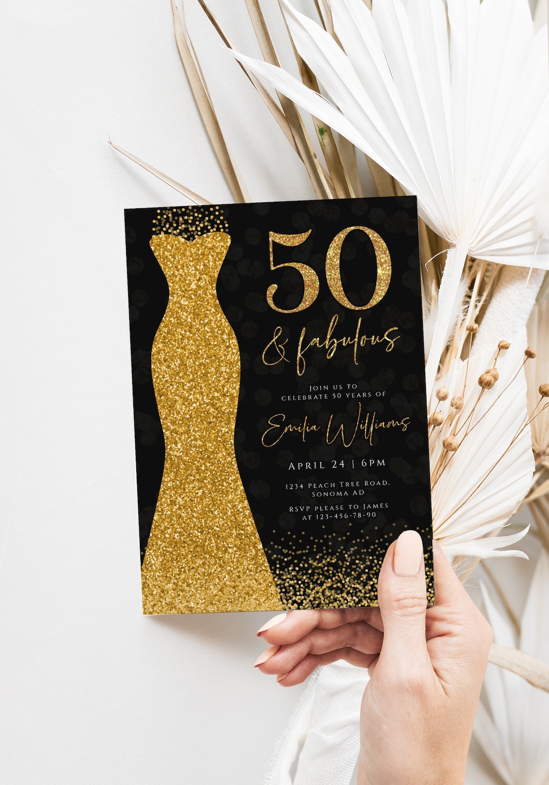 Elegant Gold Dress 50th Birthday Party Adult Invitation Card Printable