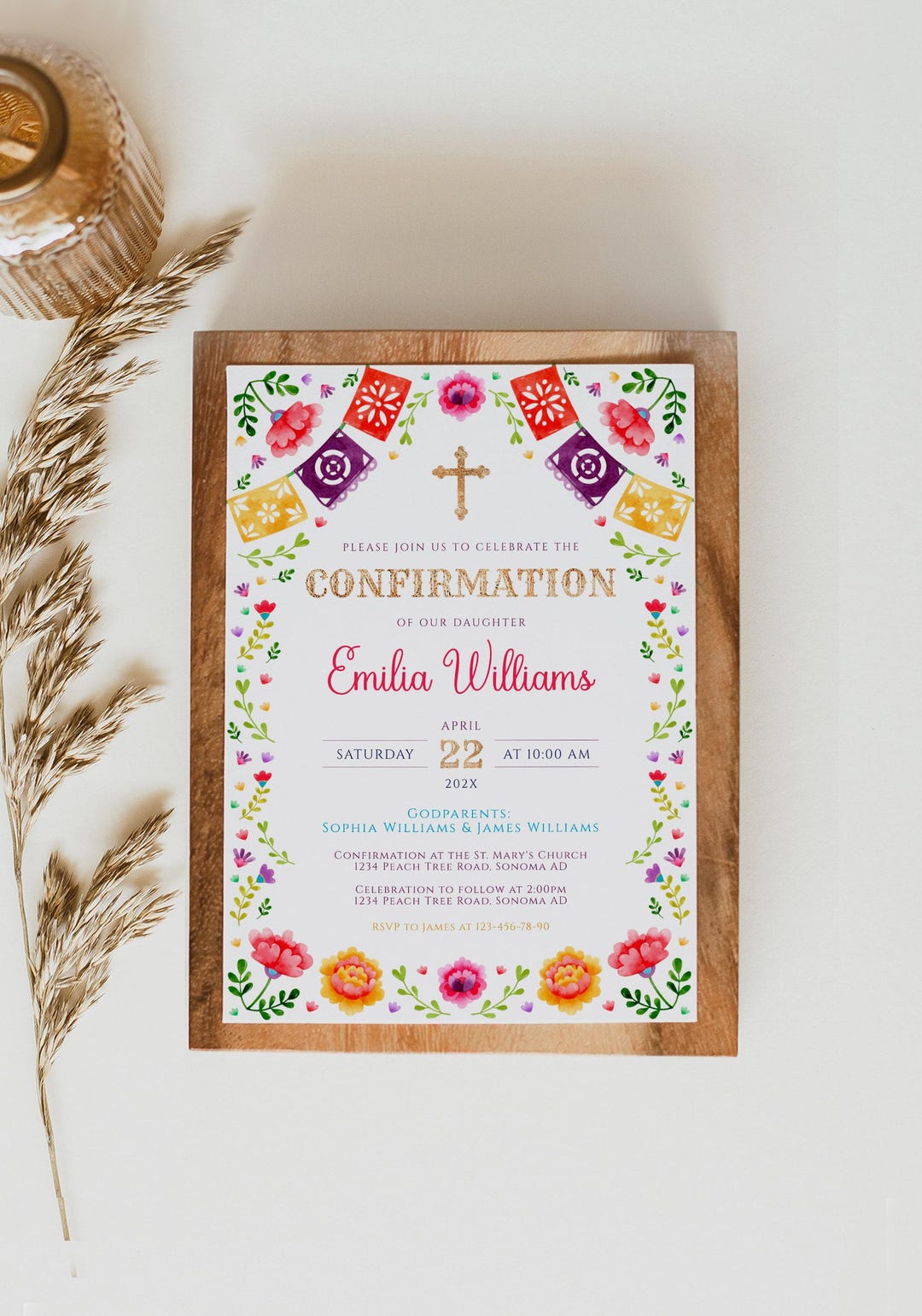 Mexican Fiesta Confirmation Invitation Printable: Gold Cross and ...