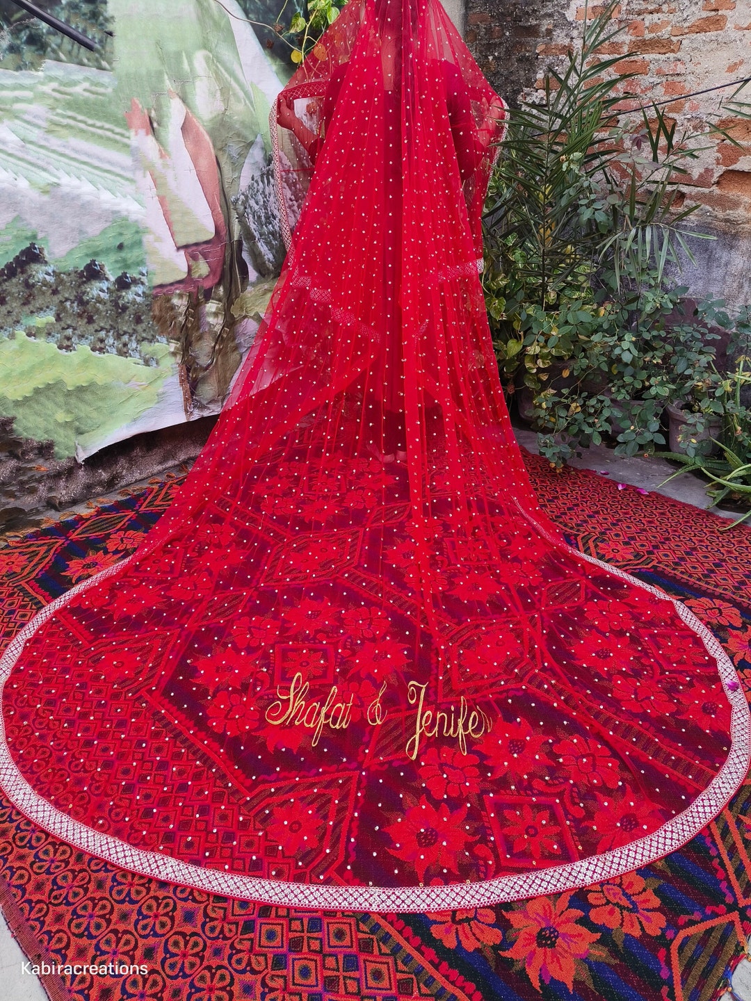 Red Long Trail Wedding Dupatta, Bridal Dupatta, Scarf, Veil,can Be ...