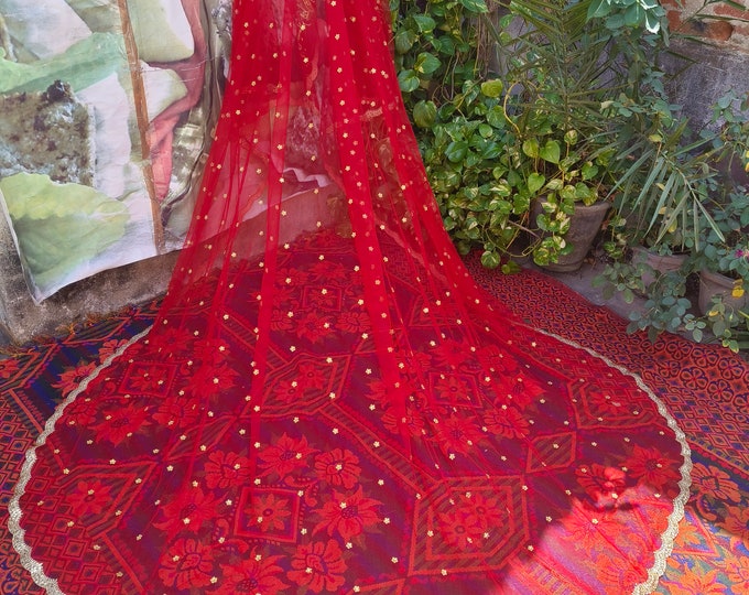 Red Long Trail Wedding Dupatta, Bridal Dupatta, Scarf, Veil,can Be ...