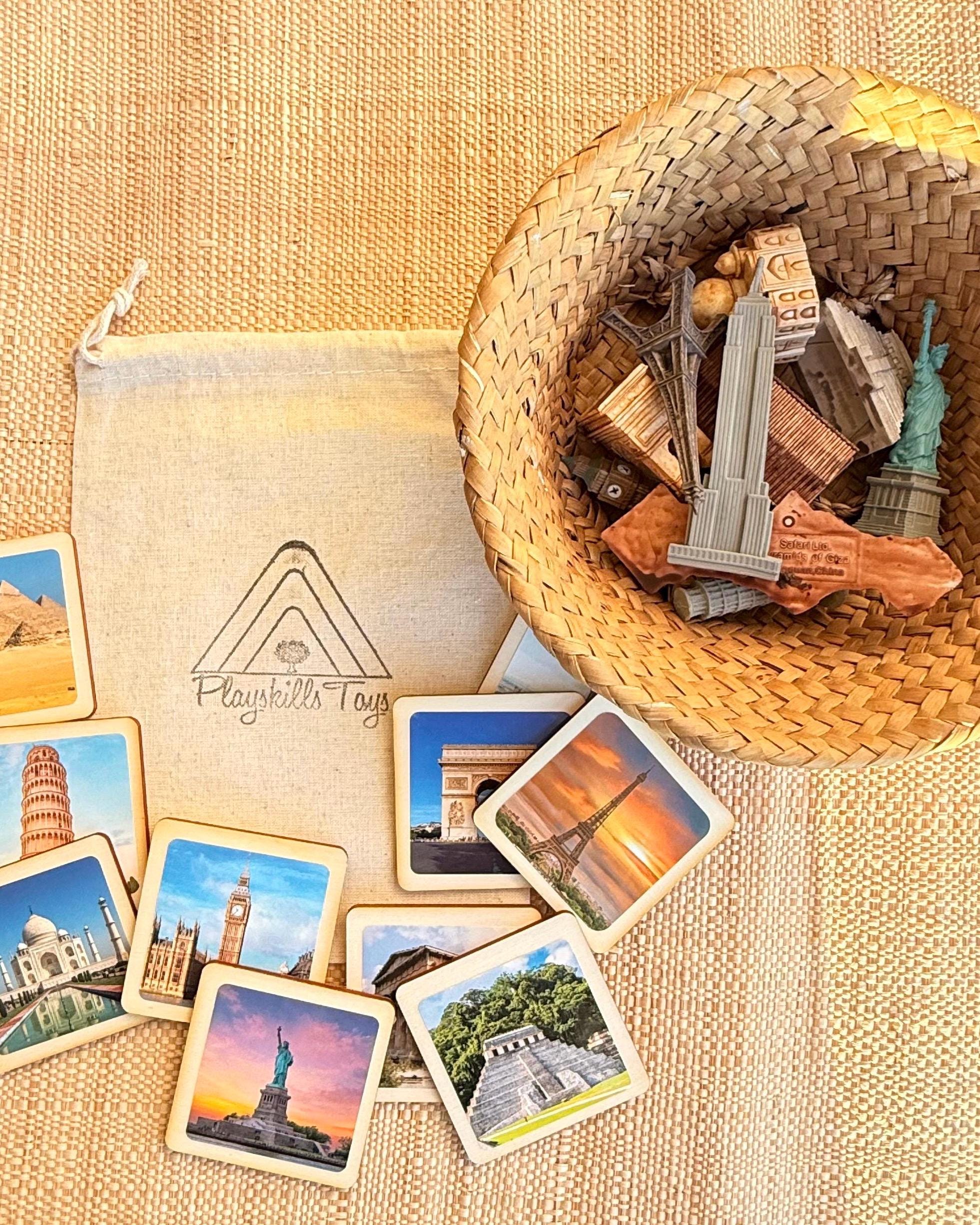 Montessori World Landmarks Figures, Matching Cards, Educational Wooden ...