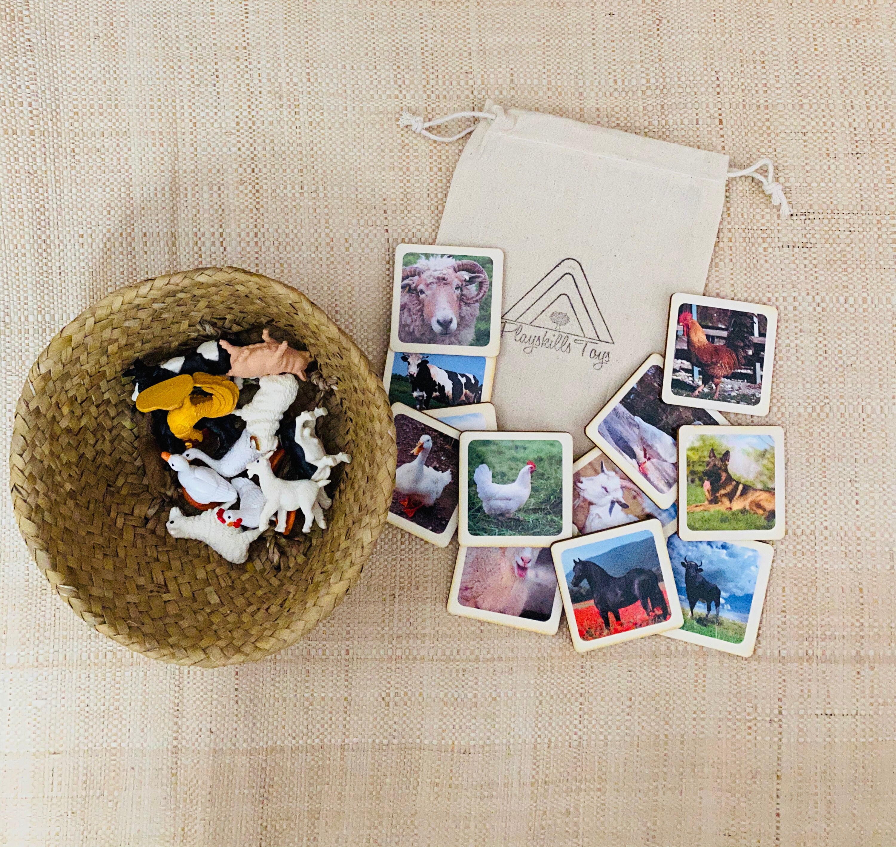 Montessori Farm Animals Matching Cards: Miniature Toys, Wooden Squares ...