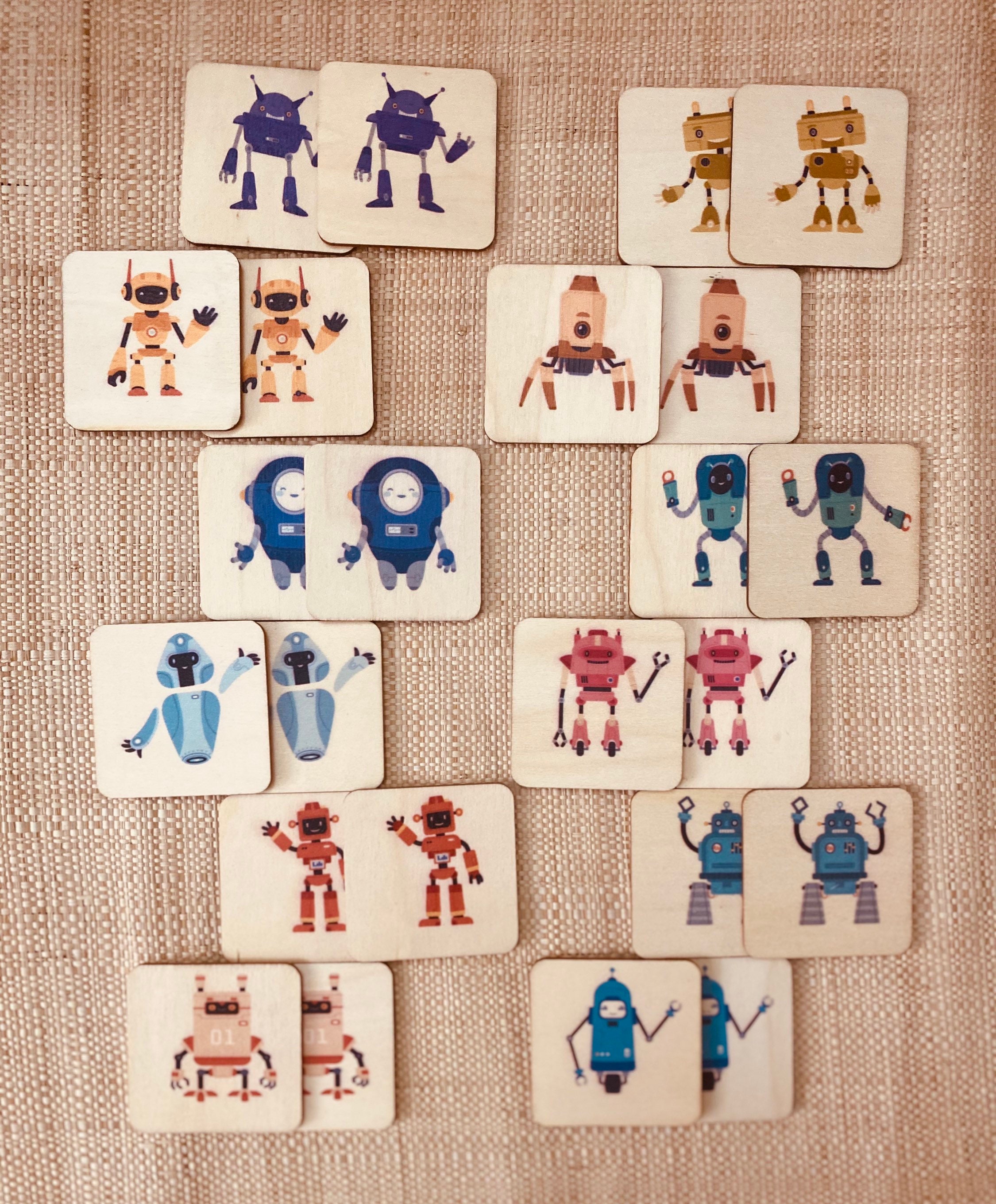 24 Pieces Robots Wooden Memory Game Montessori and Waldorf | Etsy