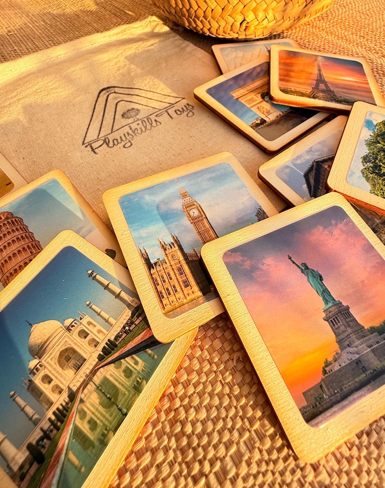 Montessori World Landmarks Figures, Matching Cards, Educational Wooden ...