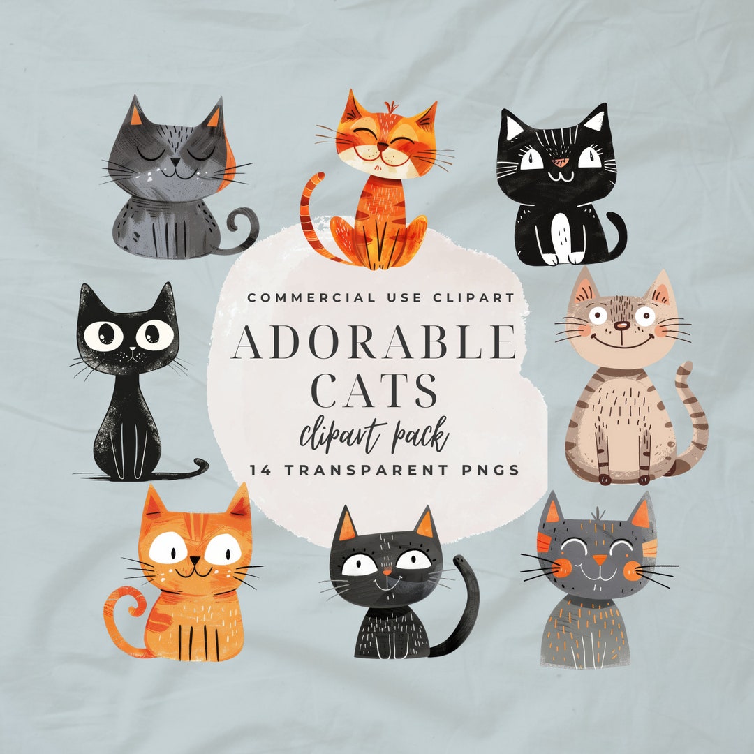 Funny Cat Clipart, Quirky Cat Clipart, Cat Clipart Bundle, Cute Cat ...