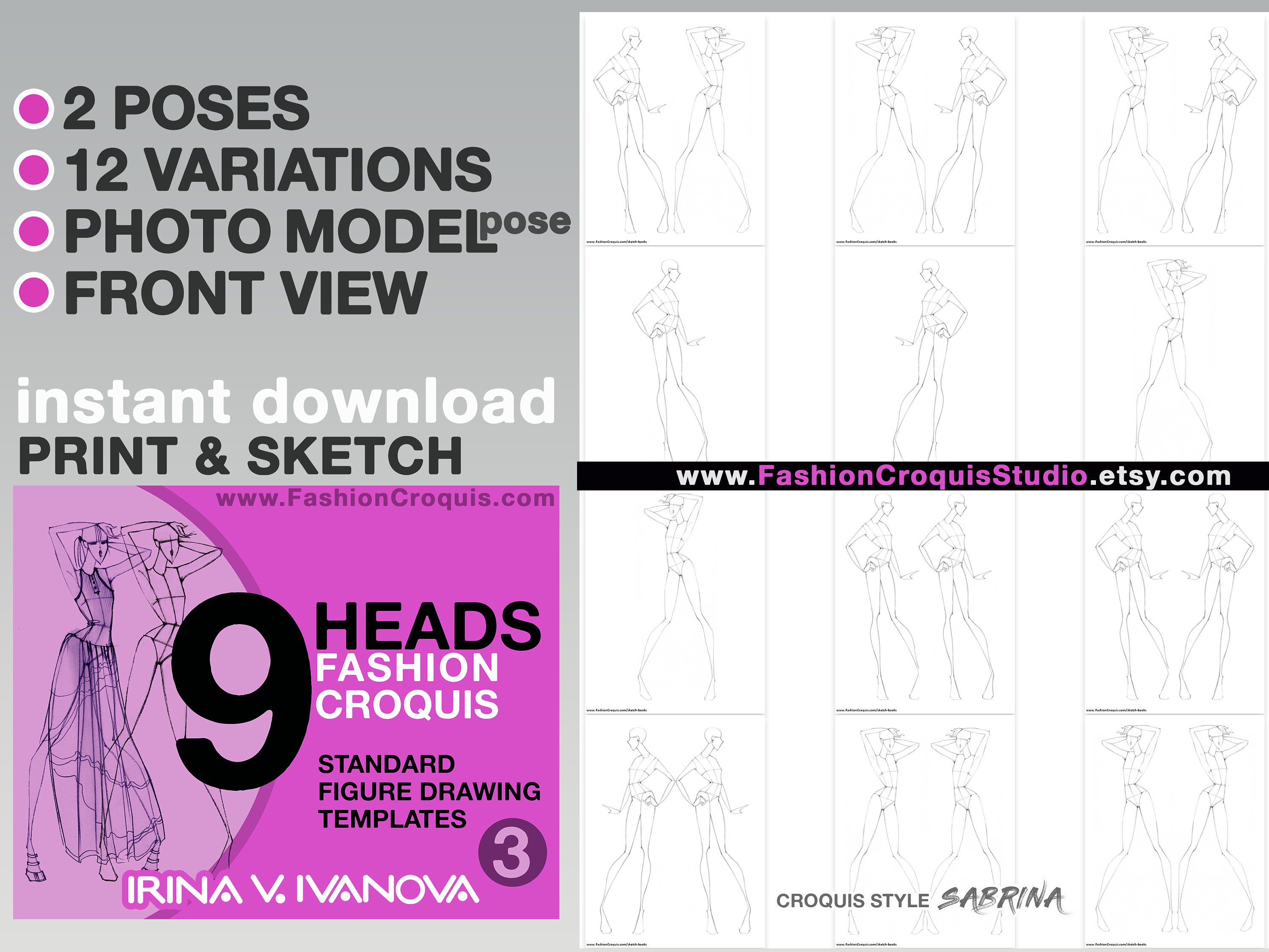 Downloadable Printable Croquis for Fashion Illustration: 9-head Fashion ...