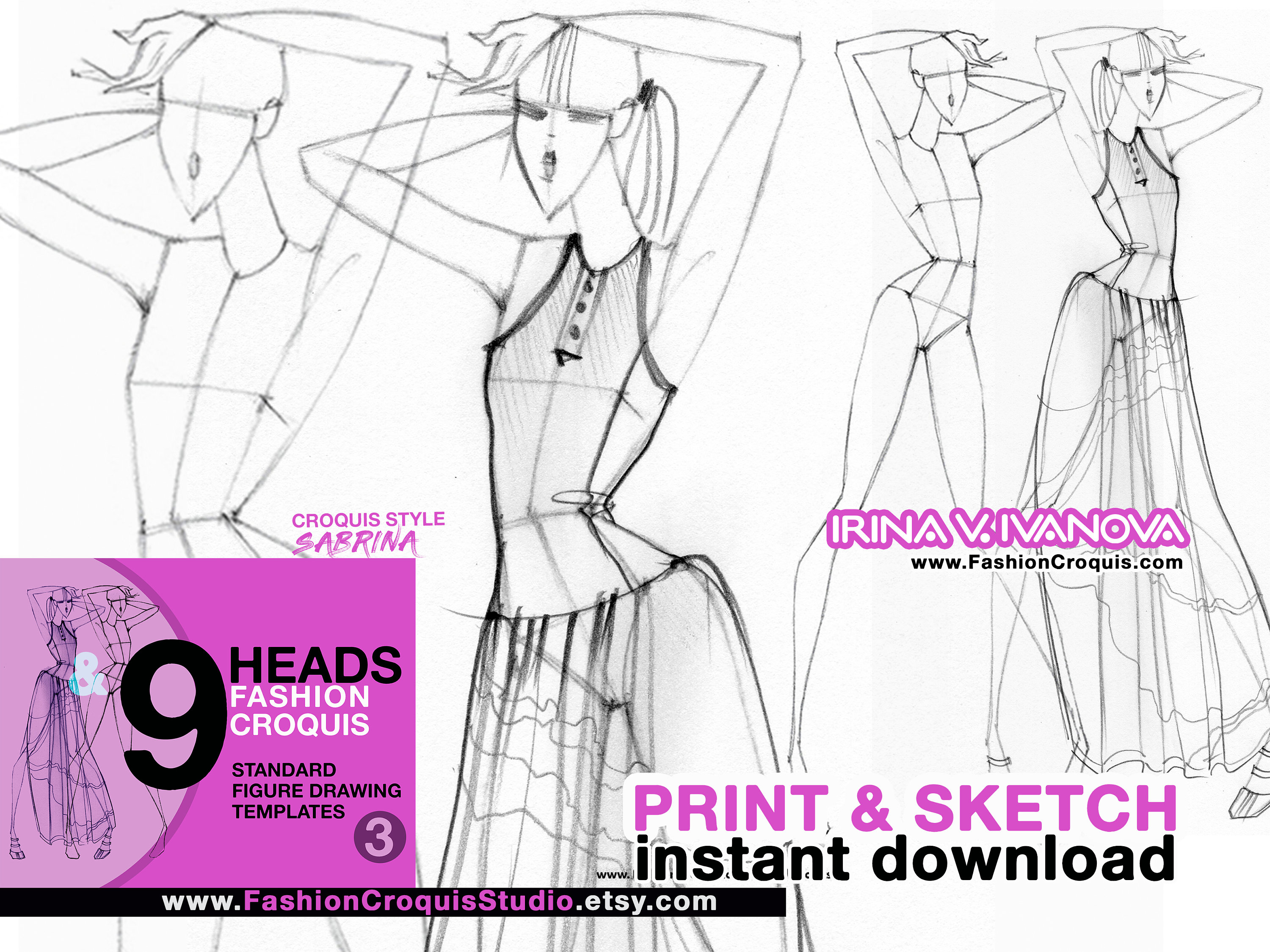 Downloadable Printable Croquis for Fashion Illustration: 9-head Fashion ...